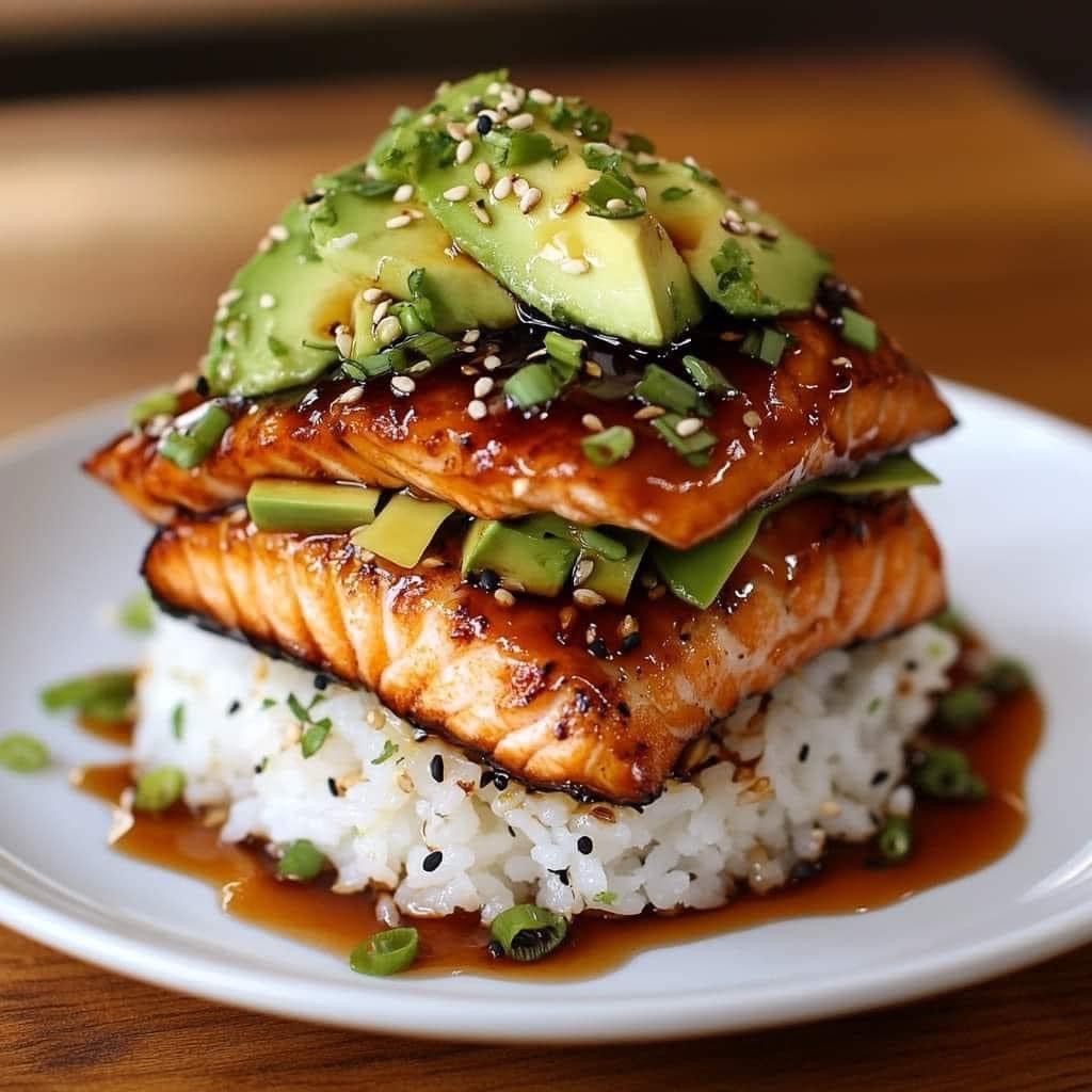 Teriyaki Salmon Avocado Rice Stack – Heart Healthy Meals